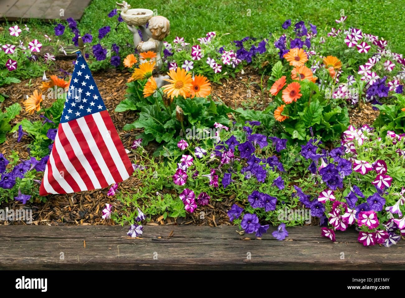 American flag in a vibrant flower garden on the fourth of July Stock ...