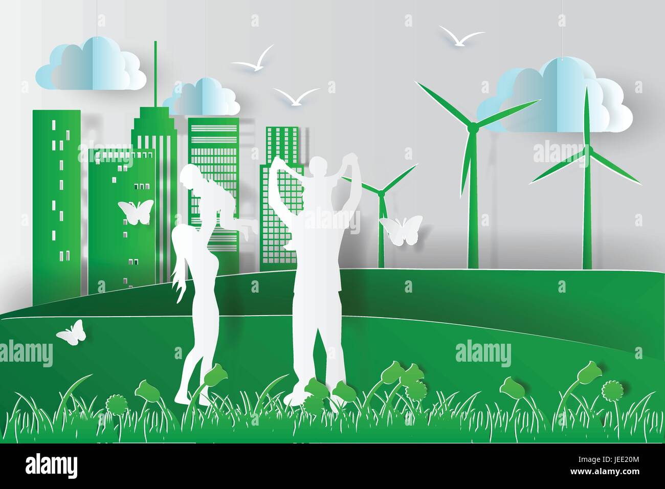 green environment happy family having fun playing in the field.paper ...