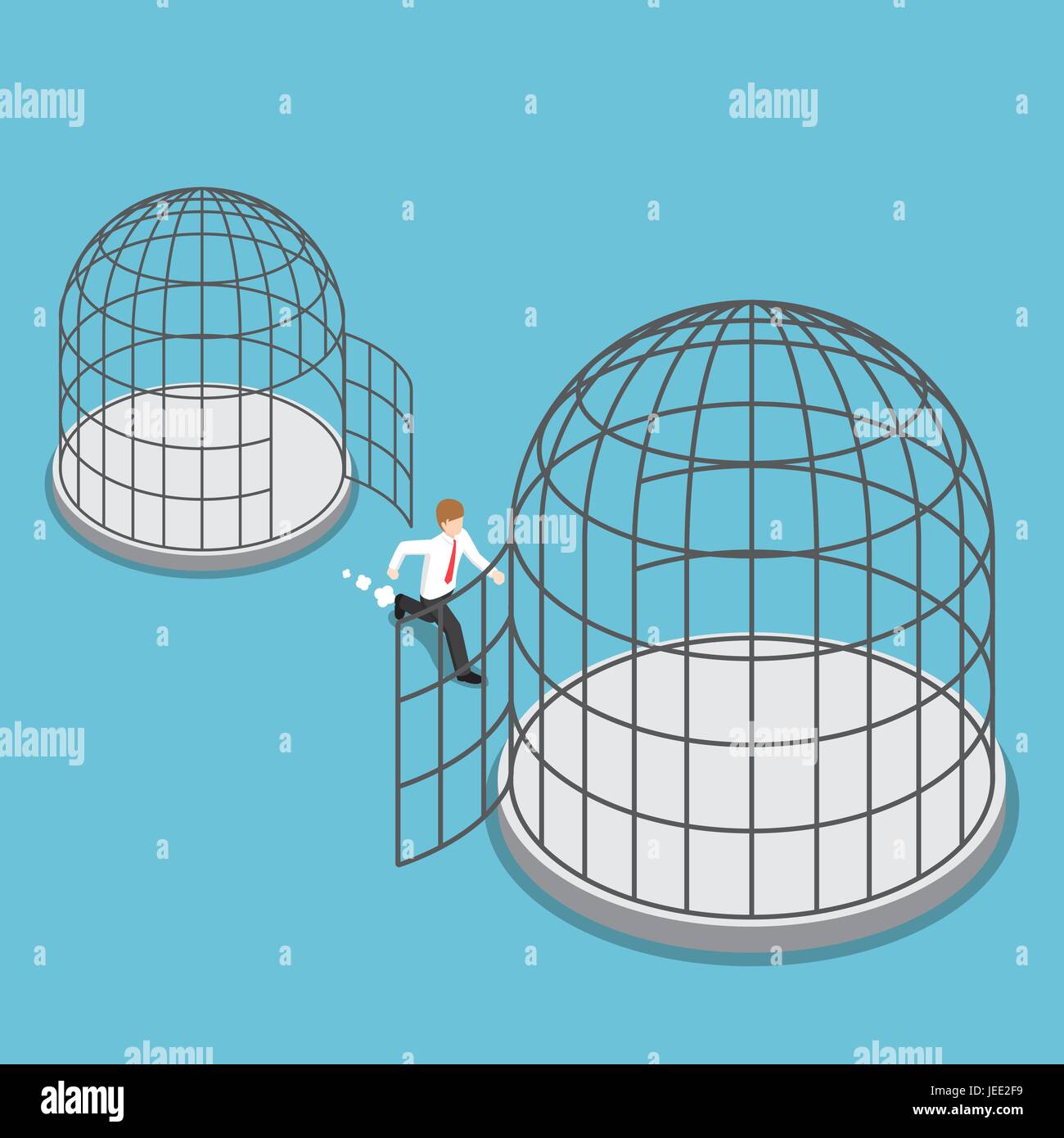 Flat 3d isometric businessman leave small cage go to the bigger cage ...