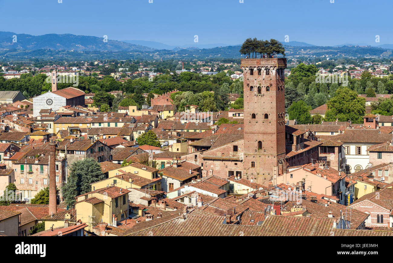 panoramic view of Lucca and the Torre Guinigi (Guinigi Tower), tuscany ...
