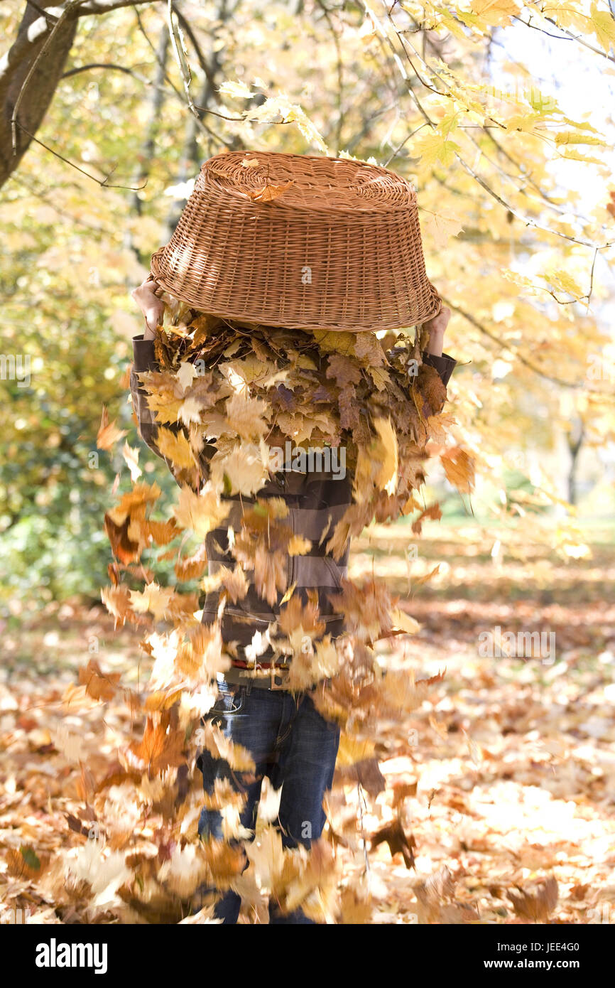 Teenagers, boy, basket, autumn foliage, tip out, fun, model released ...