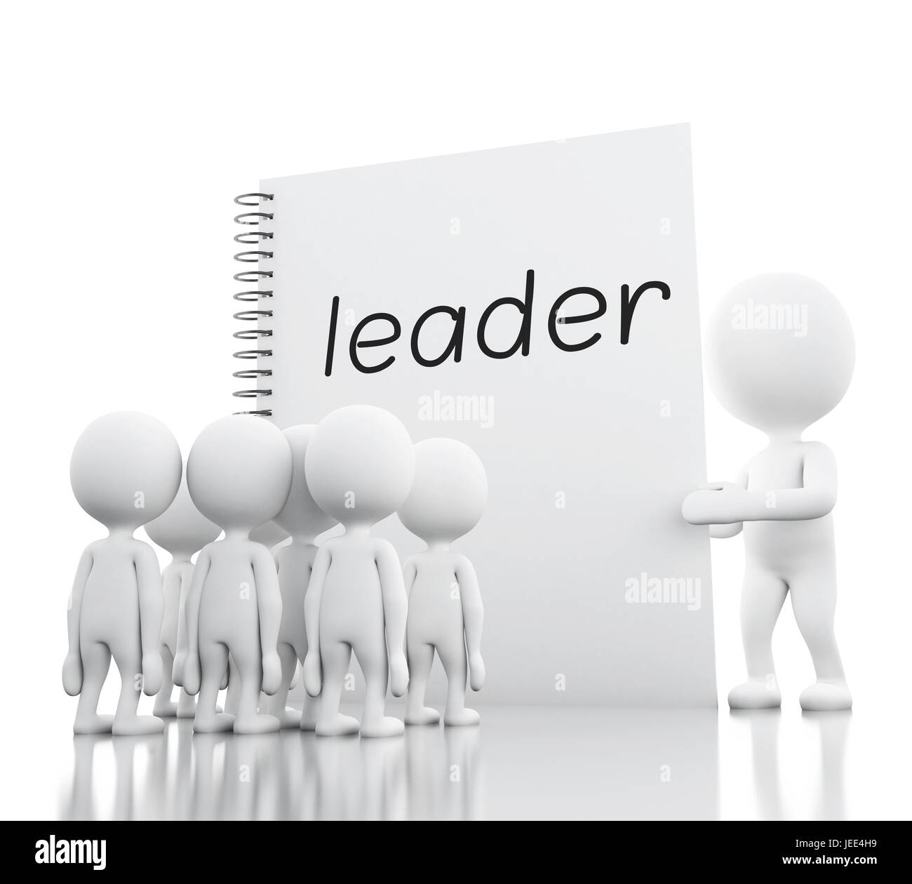 3d renderer image. White people leadership and notepad with word LEADER ...