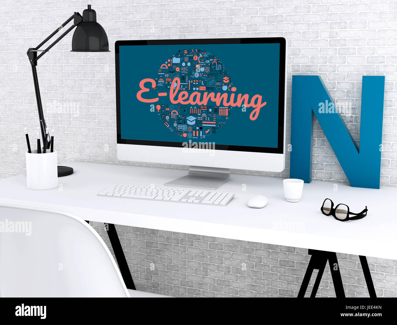 3D illustration. Modern workspace and computer. Online education ...