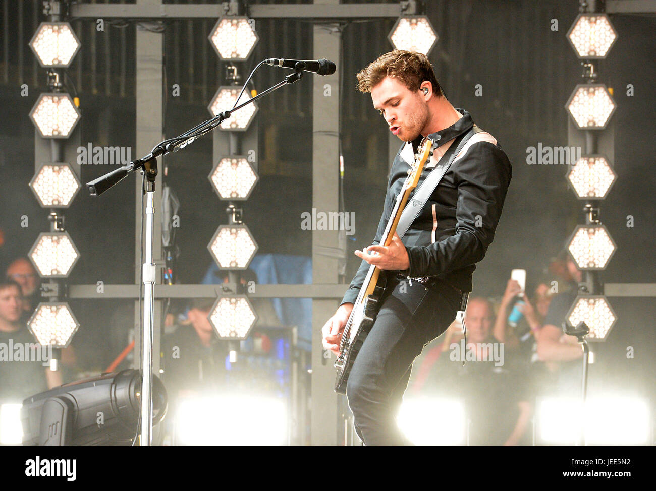 Mike Kerr of Royal Blood performing on The Pyramid Stage at the ...