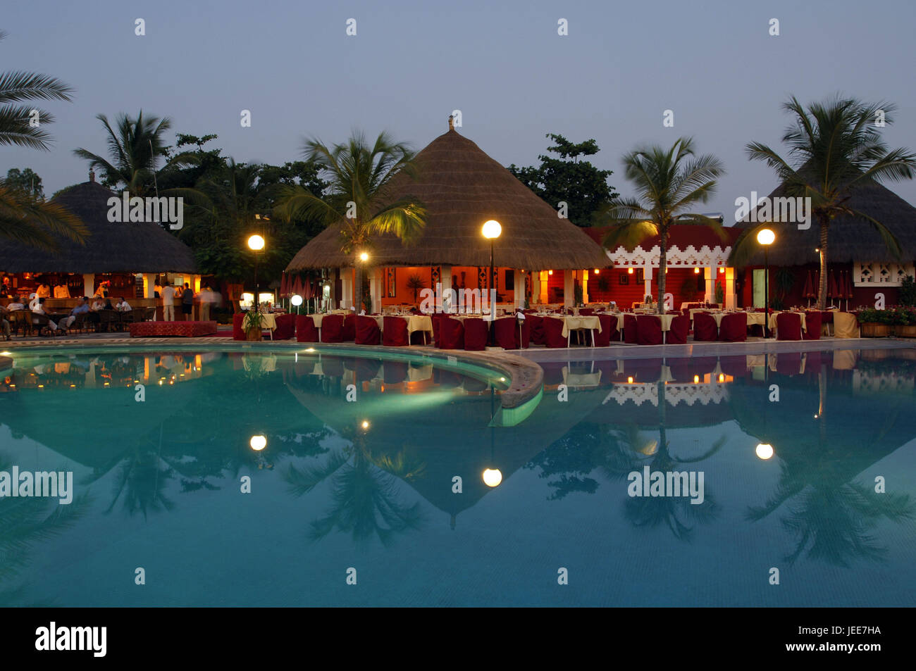 Evening, pool attachment, mirroring, restaurant terrace, hotel of Royam ...