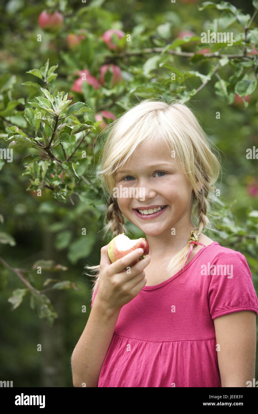 Girls, smile, eat apple, portrait, apple-tree, fruit-tree, person ...