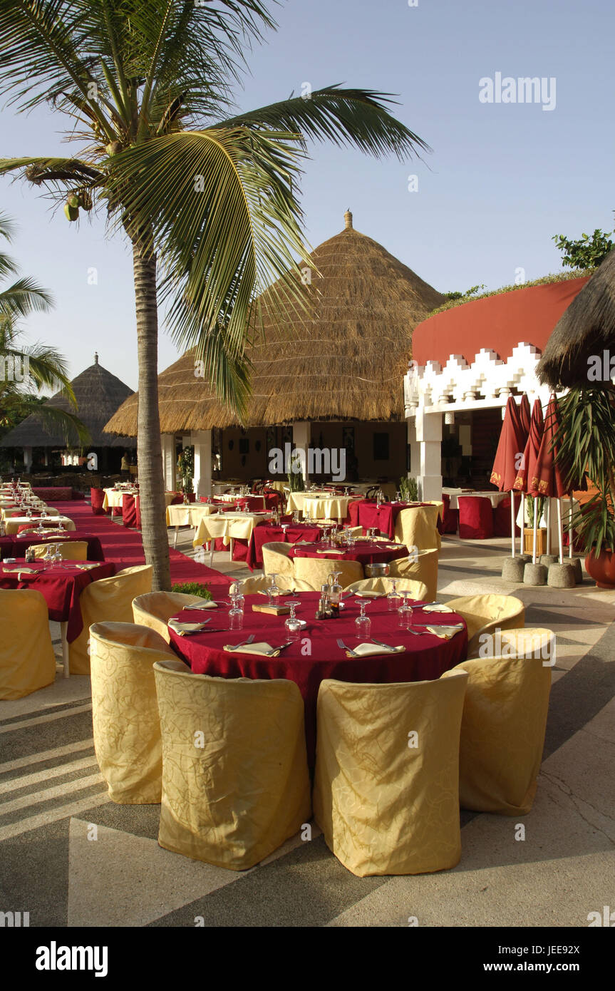 Restaurant terrace, tables, covered, hotel of Royam, Saly, Petite Cote ...