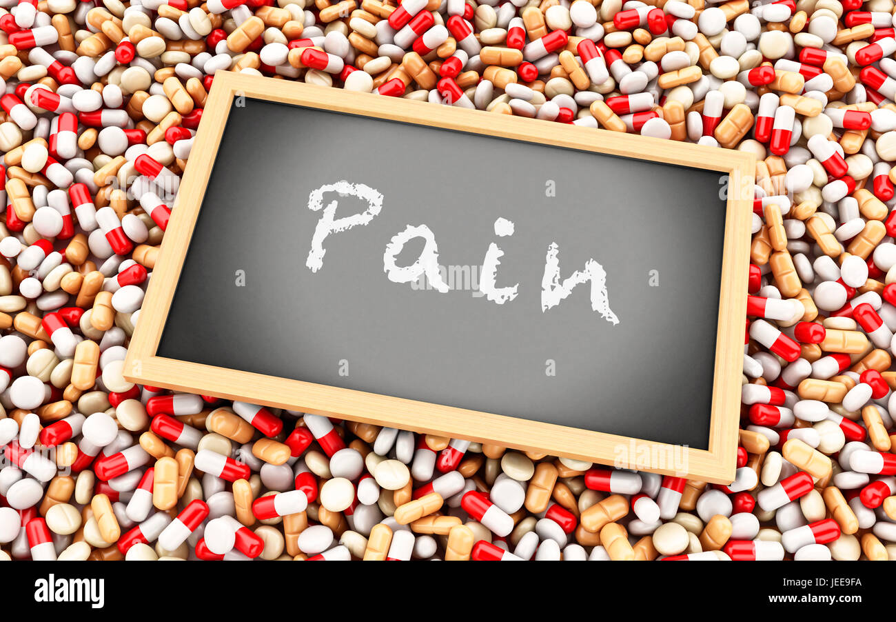 3d ilustration. Capsules and blackboard with text "pain". Healthcare ...