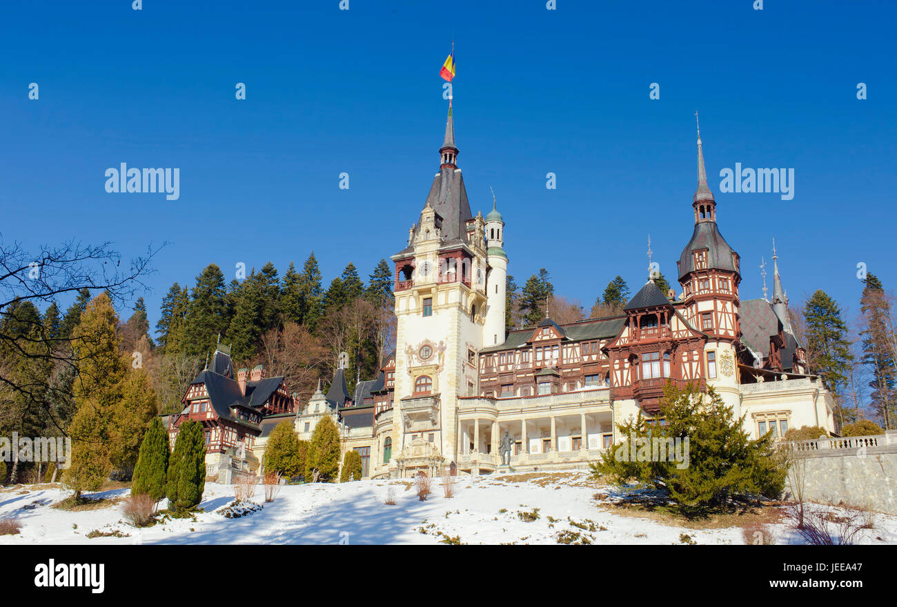 Peles castle in Romania, winter scene Stock Photo - Alamy