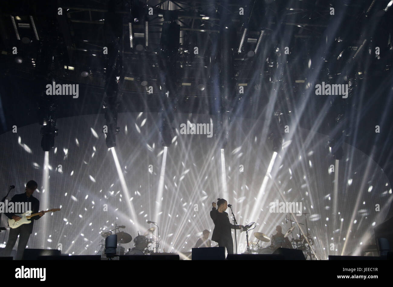 Radiohead performing on the Pyramid Stage, at the Glastonbury Festival ...