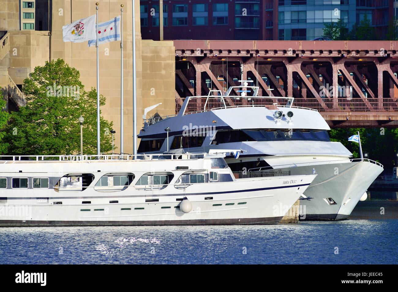 Luxury craft in Chicago's DuSable Harbor greet the light of a new day ...