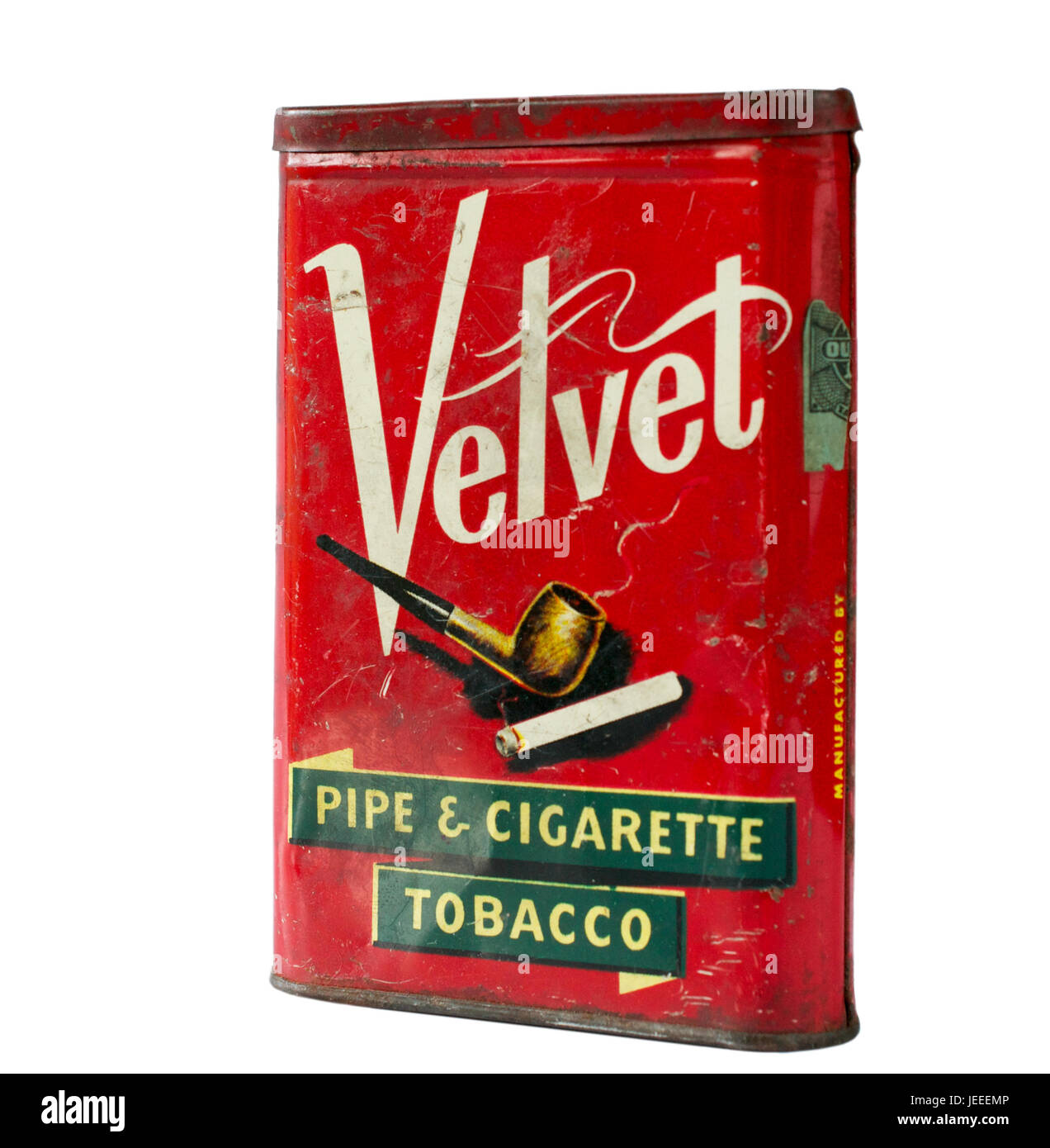 Vintage American Velvet Tobacco red Tin can isolated against white ...