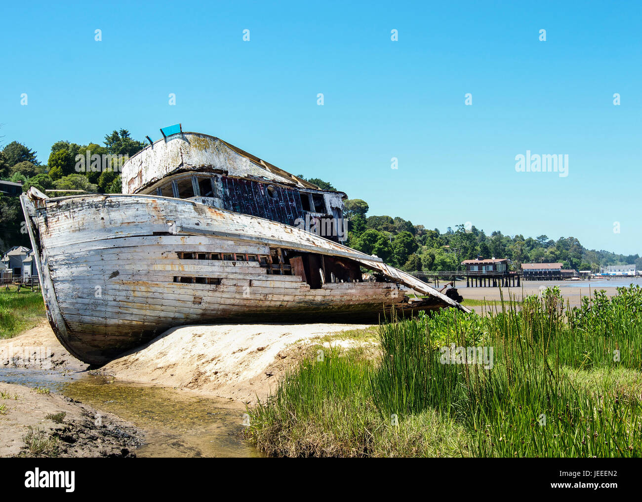 Side, panoramic view of an abandoned ship at Inverness, Point Reyes ...