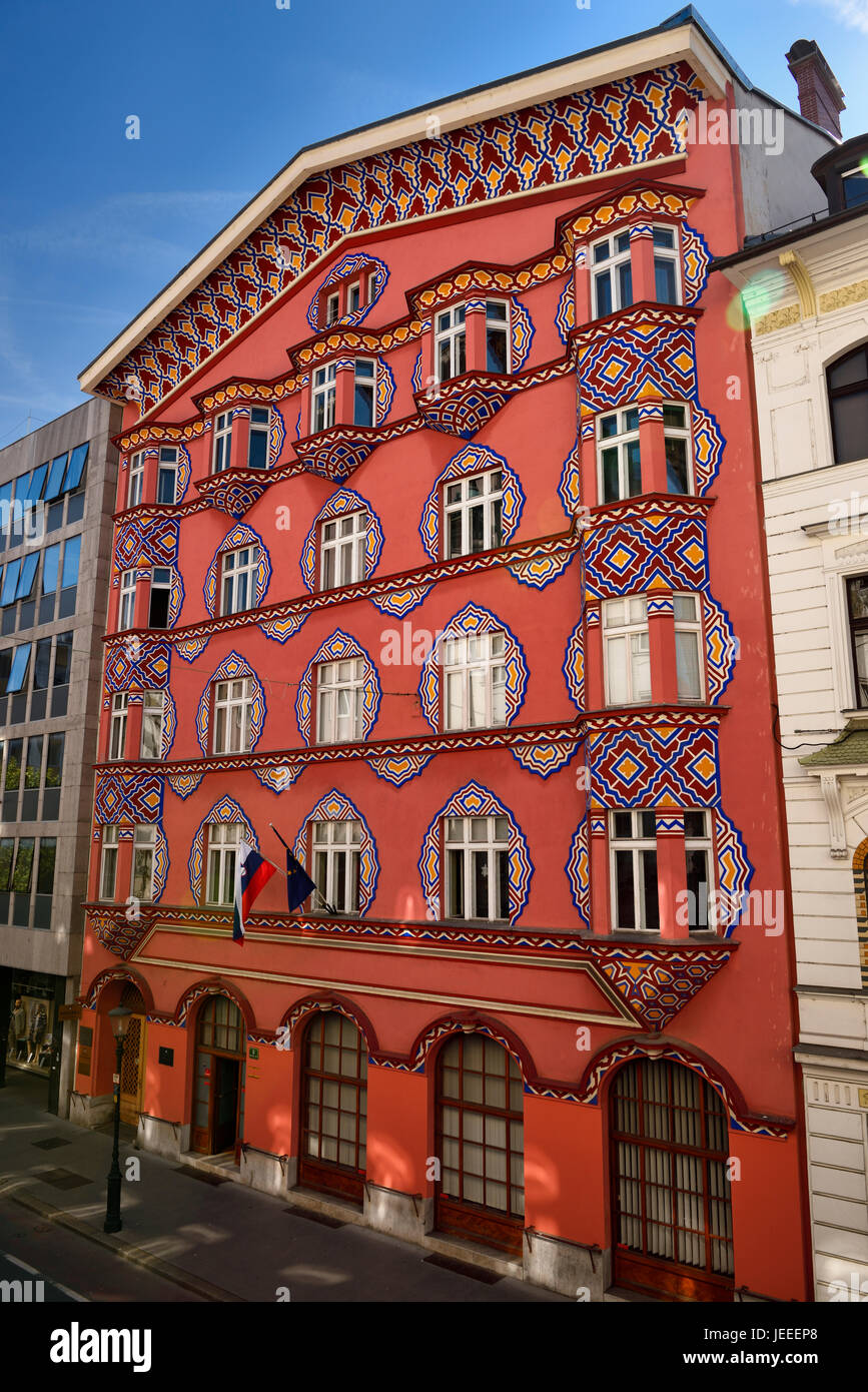 Pink facade of the Cooperative Business Bank Building called Vurnik ...