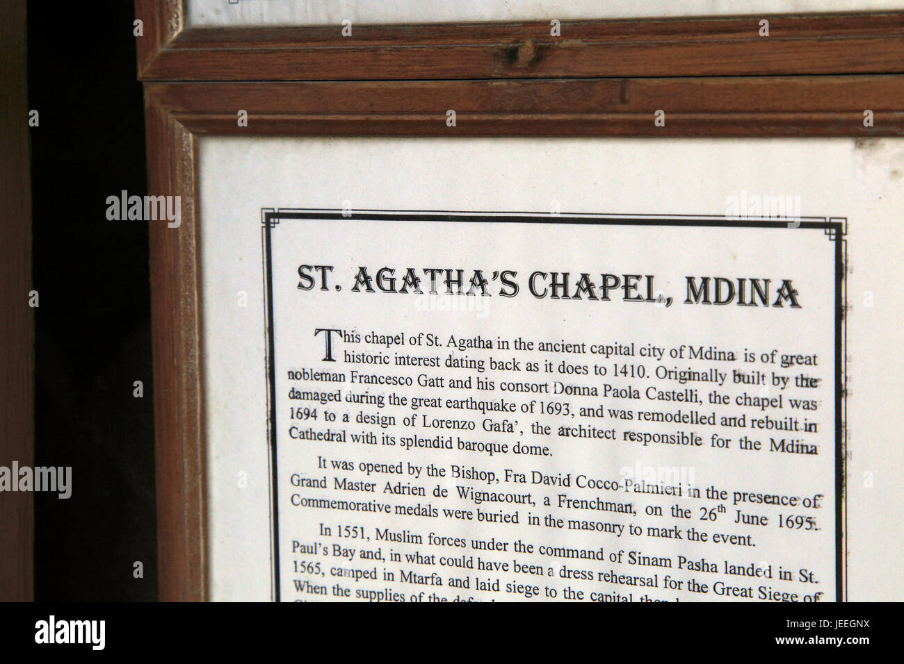 Information notice St Agatha's chapel, medieval city of Mdina, Malta ...