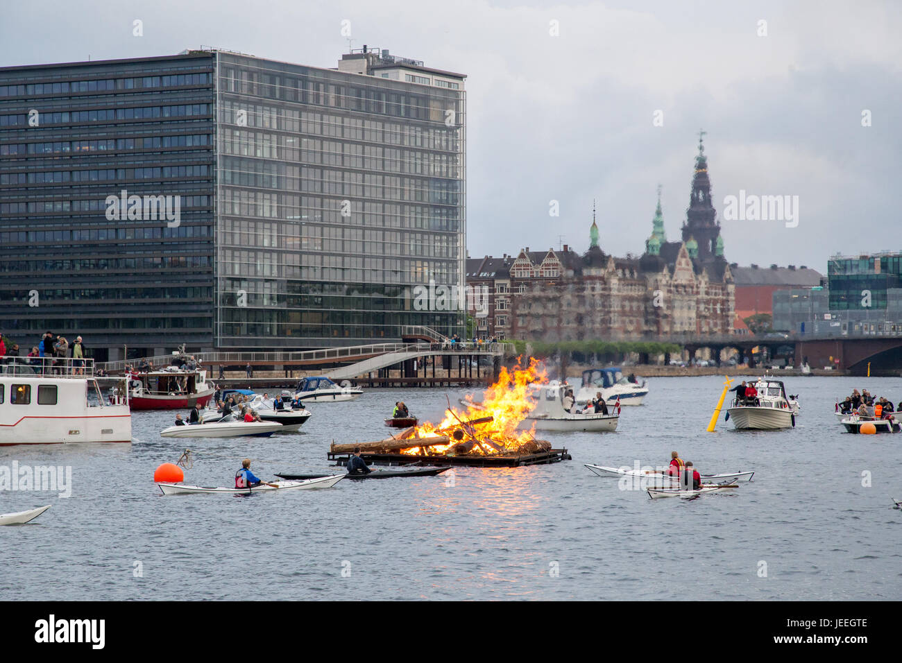 Copenhagen, Denmark - June 23, 2017: A bonfire in the harbor for the ...