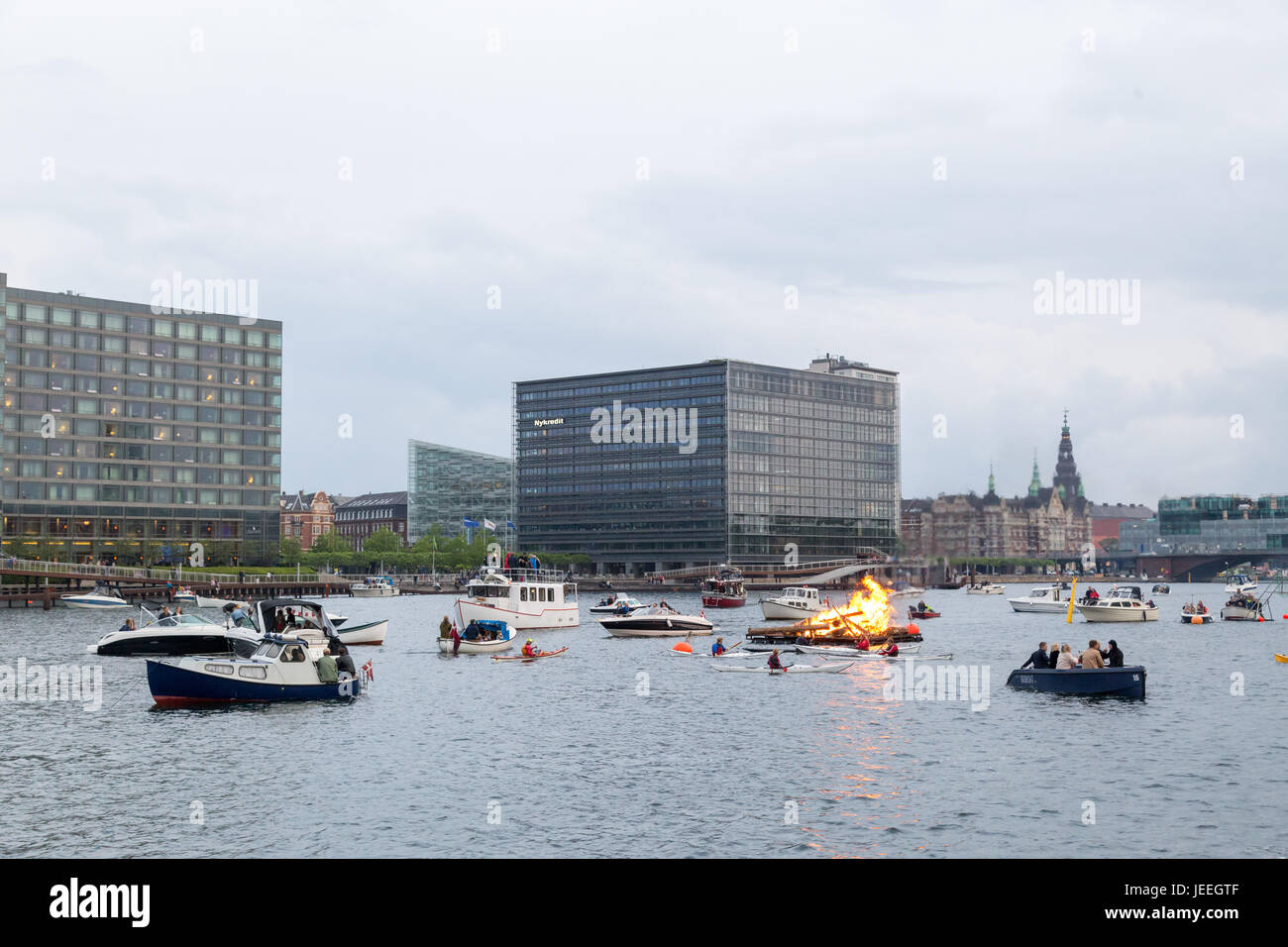 Copenhagen, Denmark - June 23, 2017: A bonfire in the harbor for the ...
