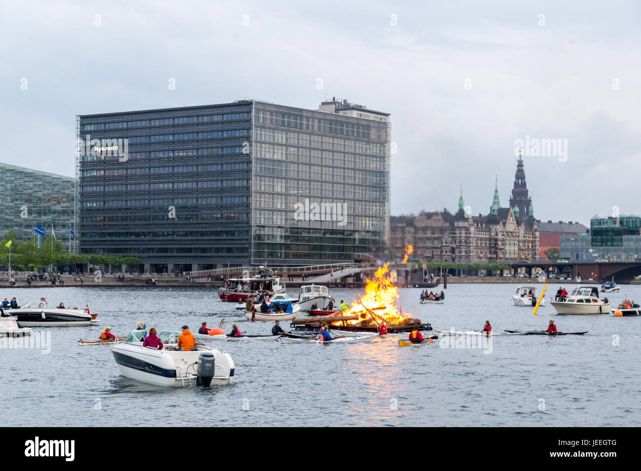 Copenhagen, Denmark - June 23, 2017: A bonfire in the harbor for the ...