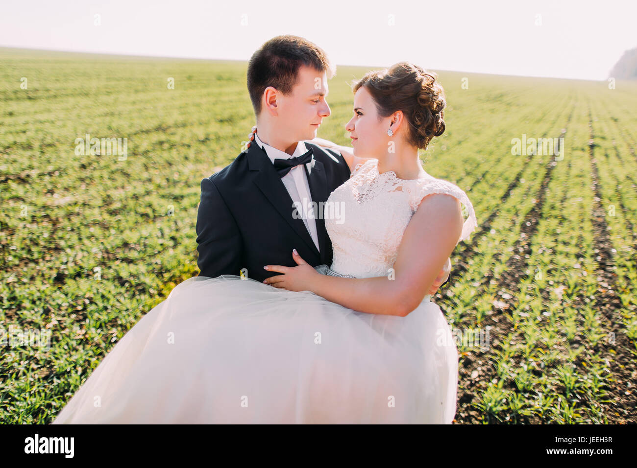 Close-up view of the groom carrying the bride in the green field Stock ...