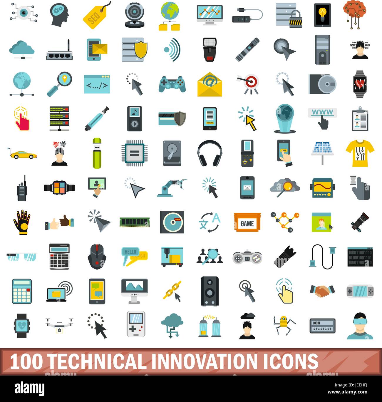 100 technical innovation icons set, flat style Stock Vector Image & Art ...