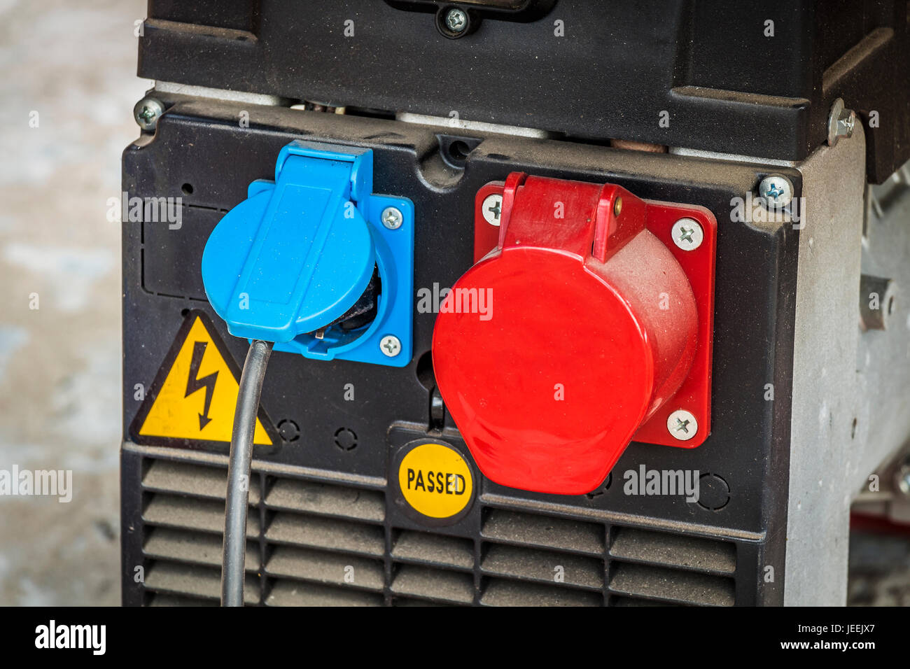 Blue and red electric sockets in the power generator closeup Stock ...