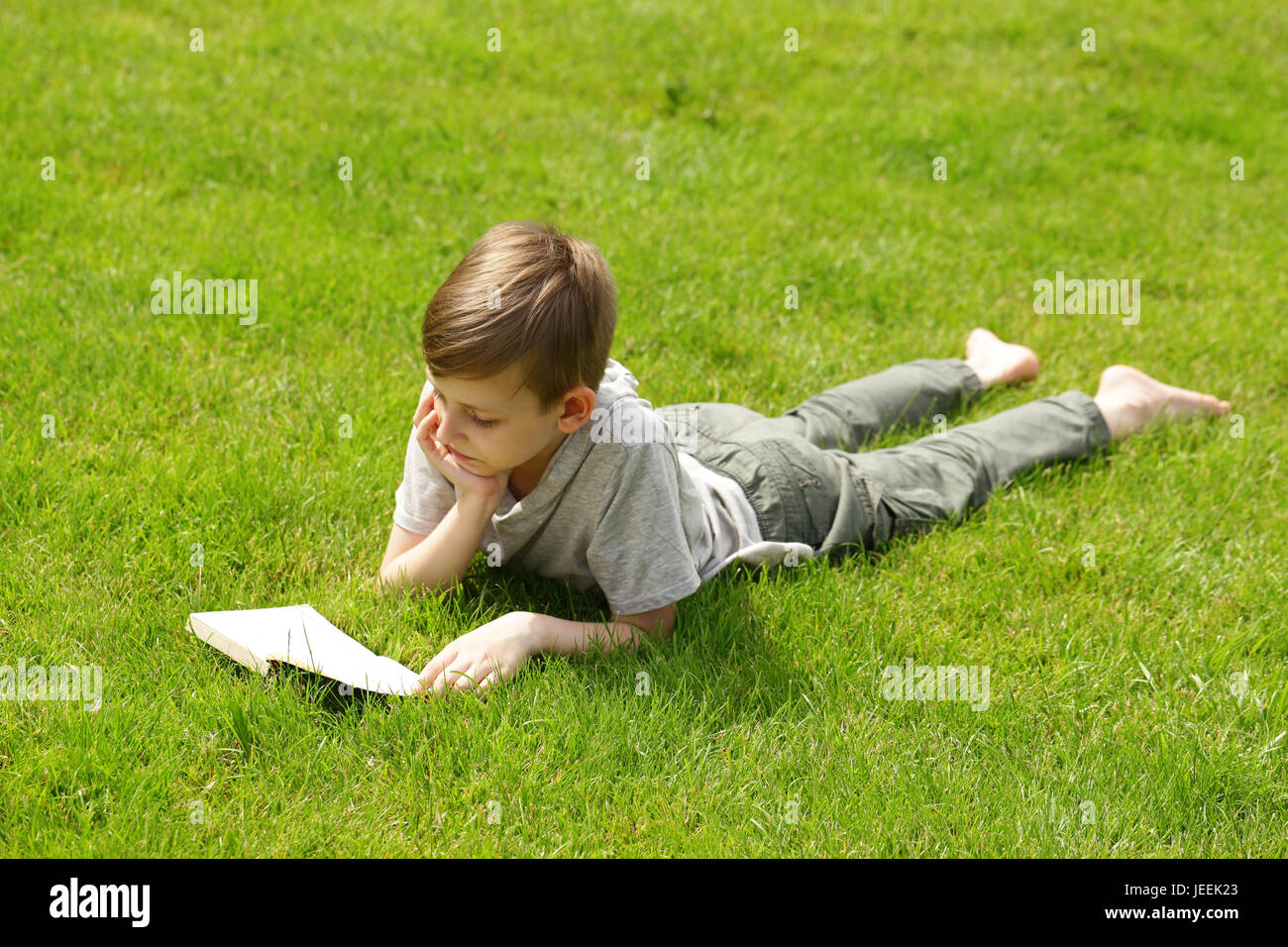 Cute blond boy reading a book in a park outdoors Stock Photo - Alamy