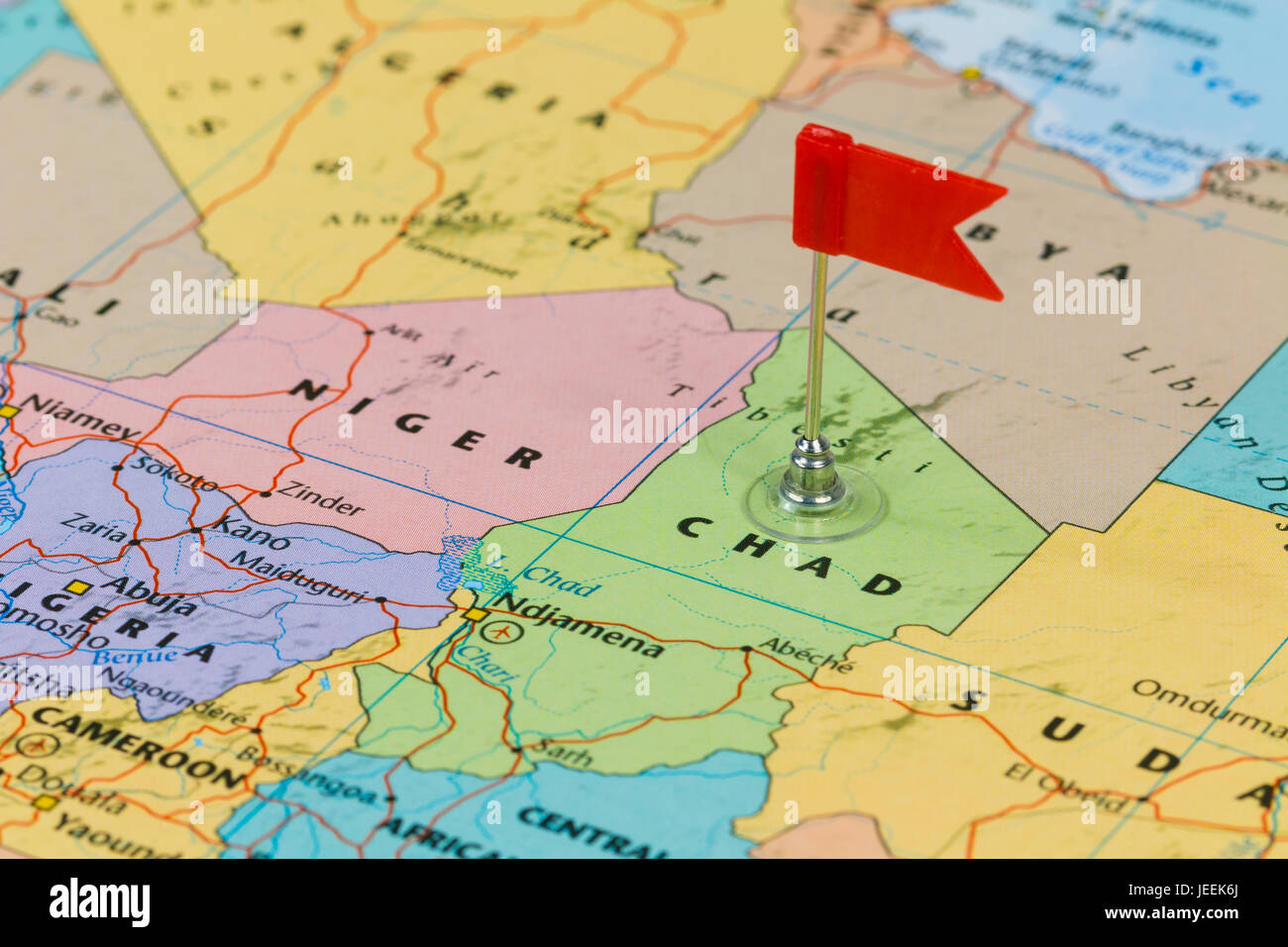 Photo of Chad marked by red flag in holder. Country on African ...