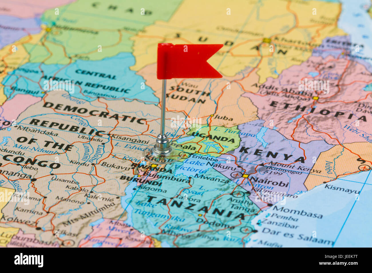 Photo of Rwanda marked by red flag in holder. Country on African ...