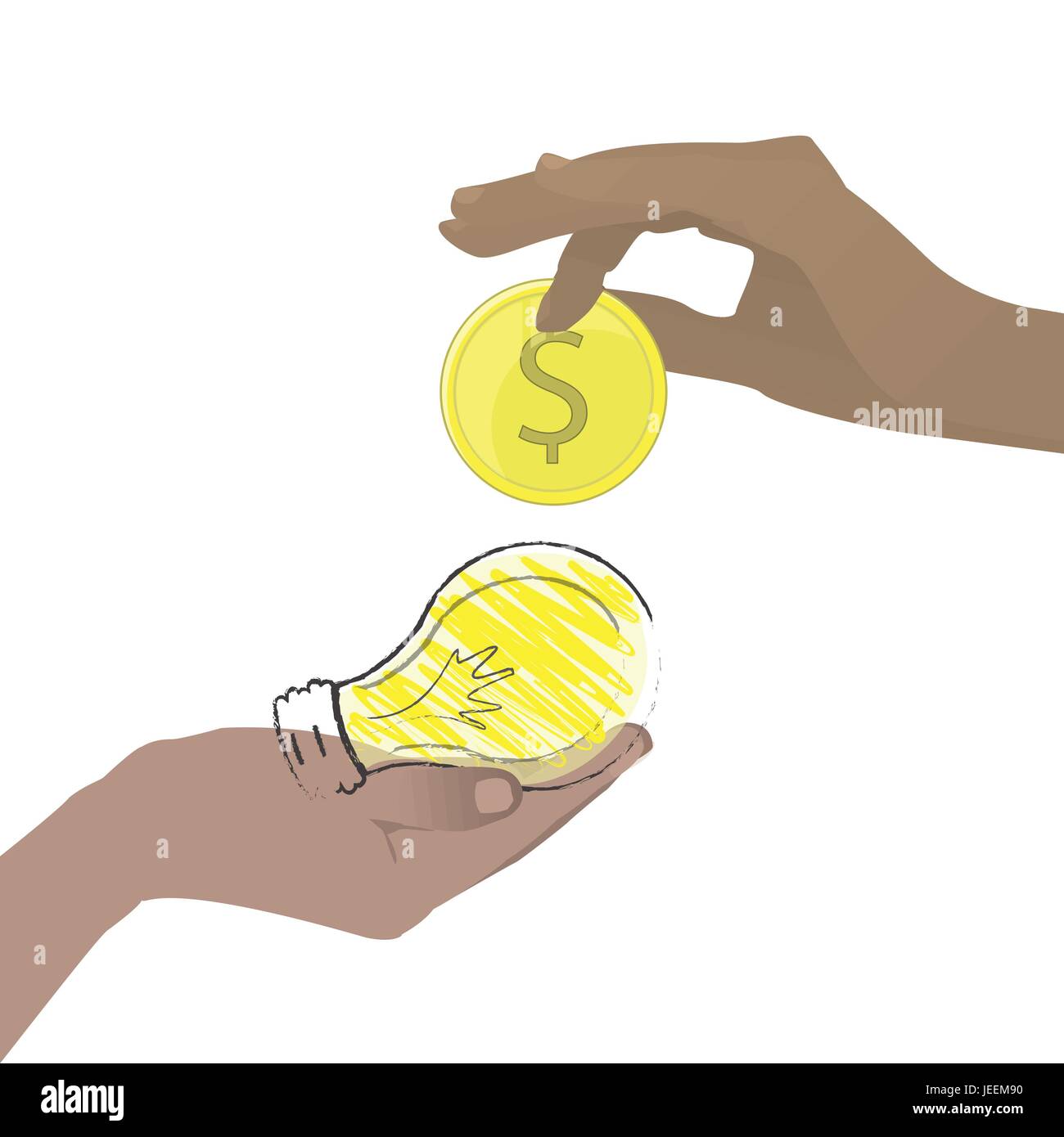 Business idea concept. Hands holding a coin and a light bulb. Vector ...