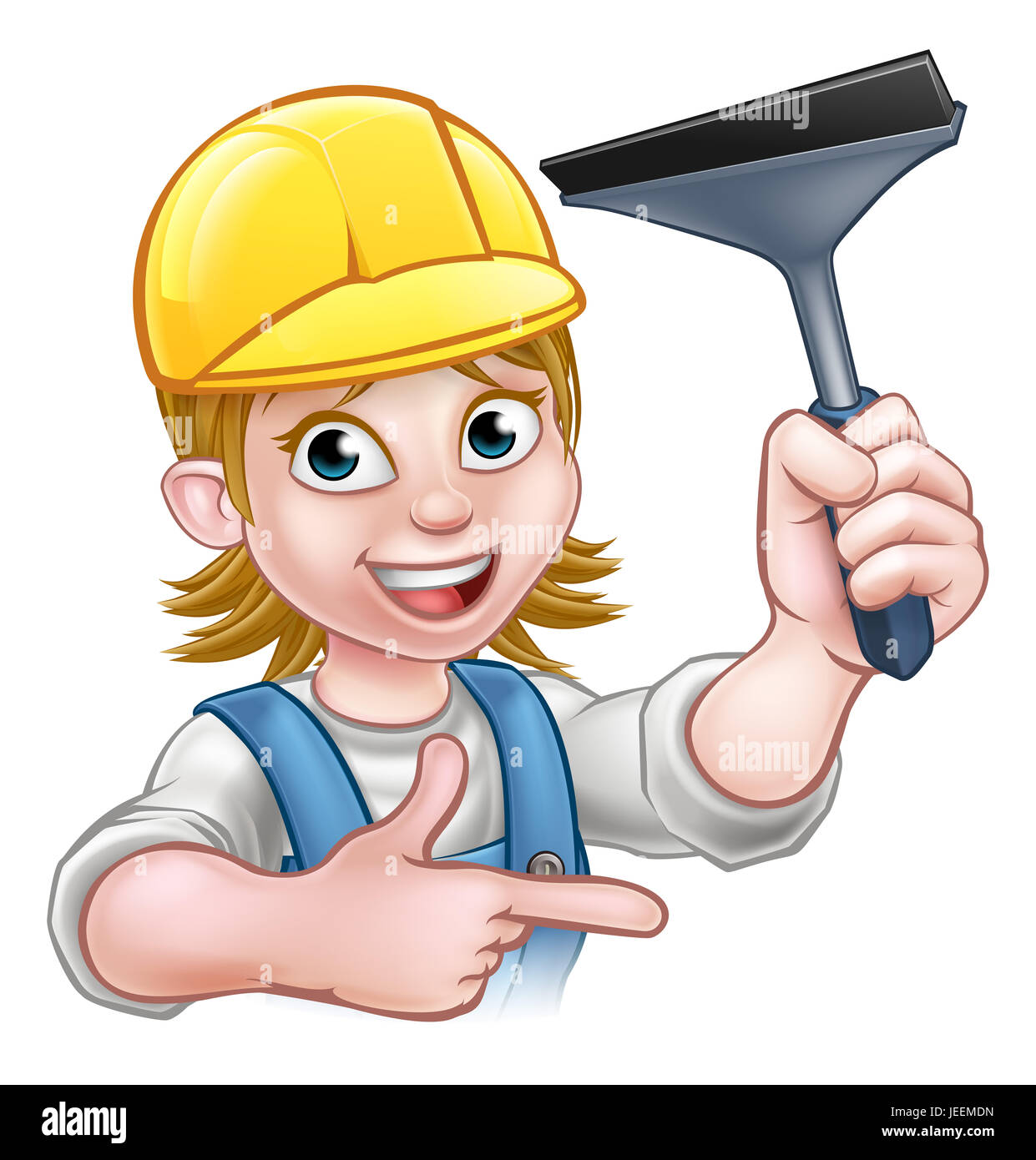 A window cleaner cartoon character holding a squeegee and pointing ...