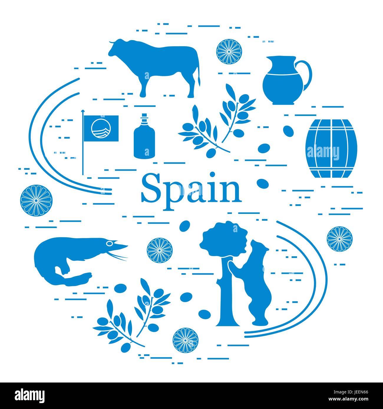 Vector illustration with various symbols of Spain arranged in a circle ...