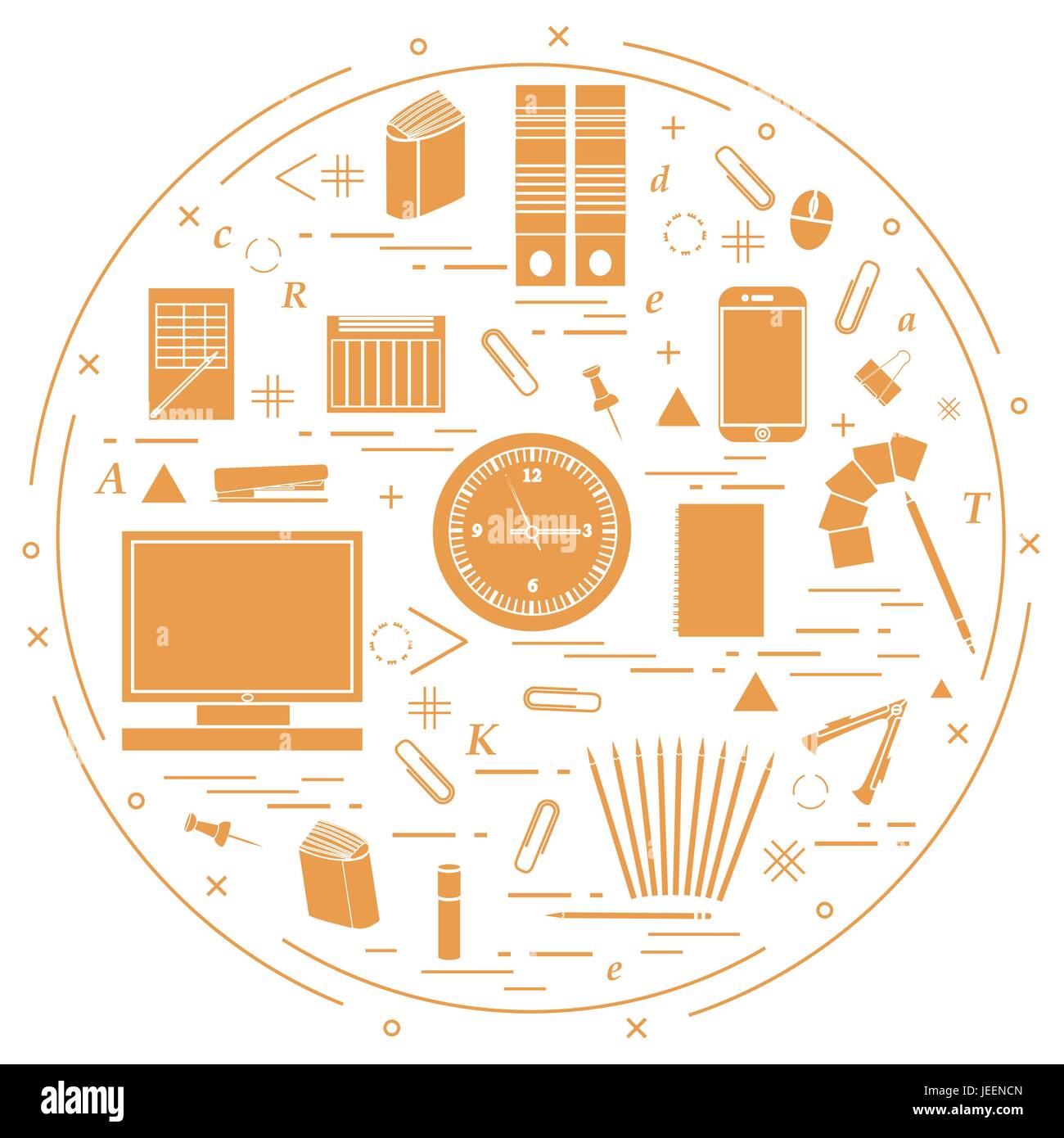 Set of different office objects arranged in a circle. Including icons ...