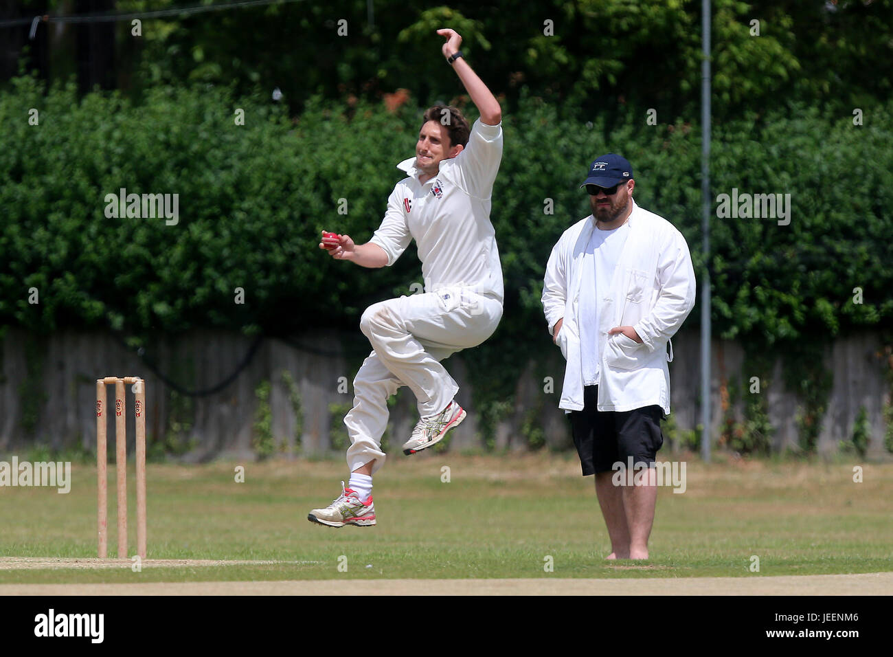 J Edge in bowling action for Havering during Little Waltham CC (batting ...