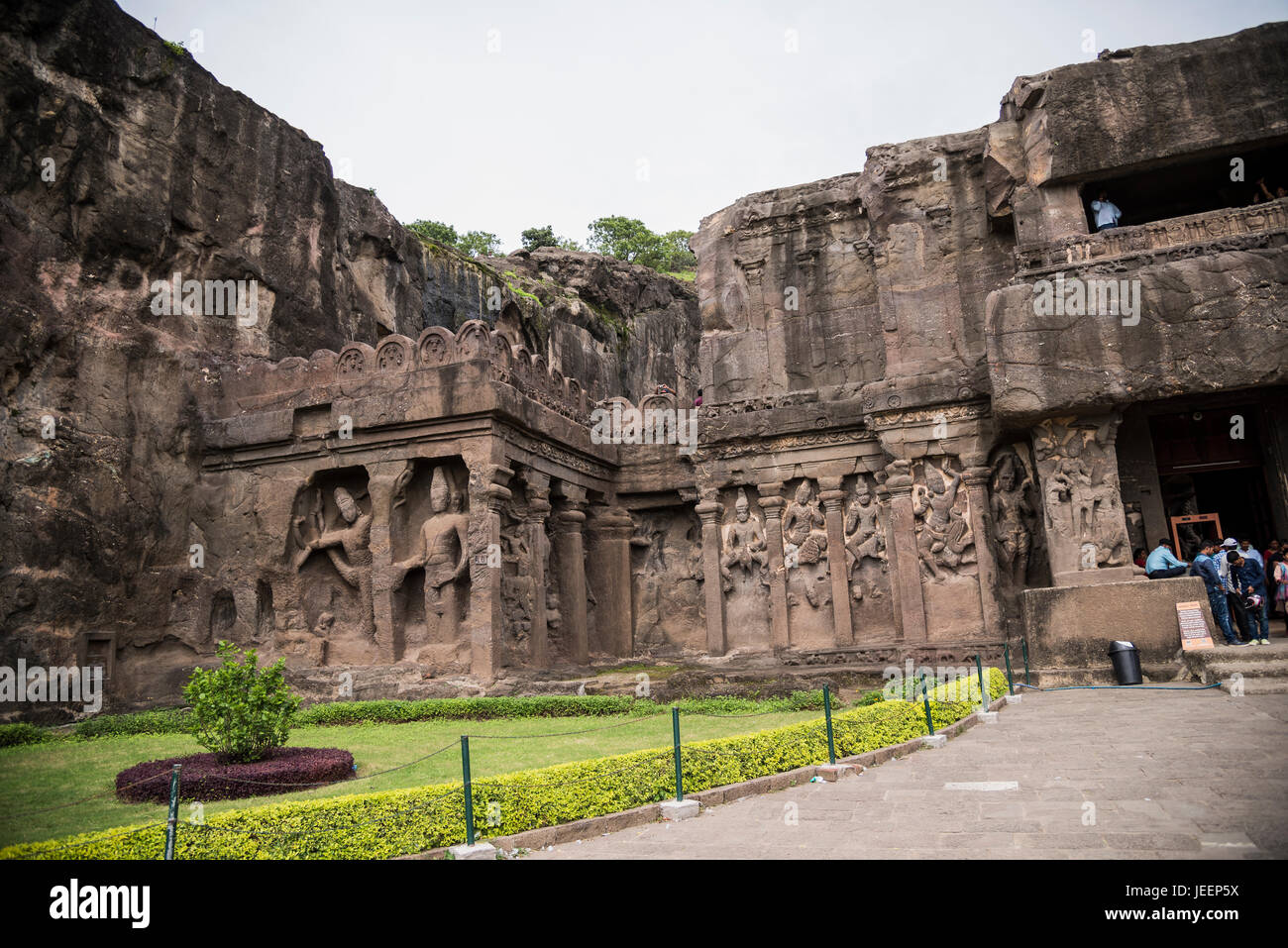 People visiting to the caves in Ellora, Maharashtra state in India ...