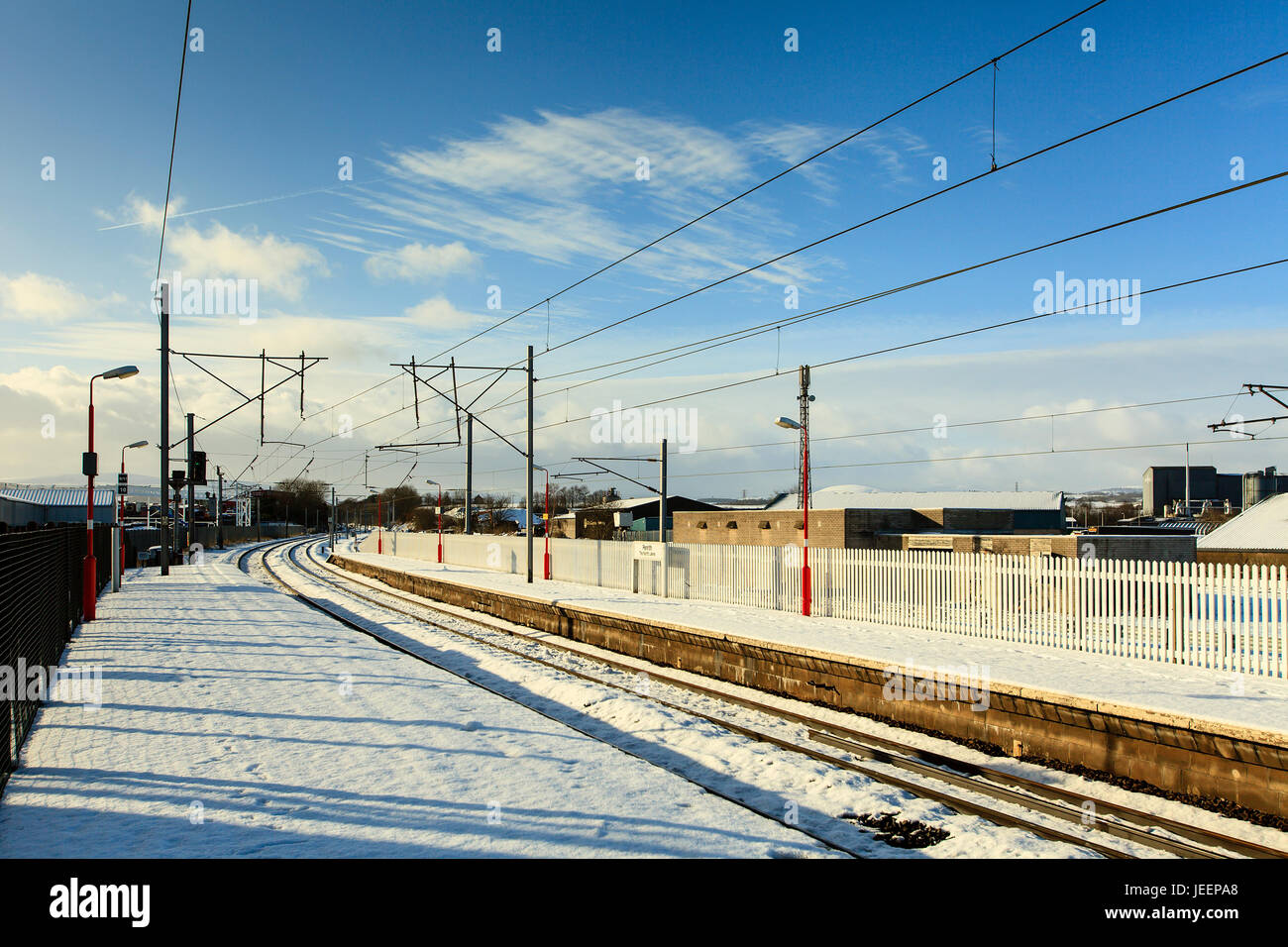 Winter Railway Scene. The snow covered platforms of Penrith railway ...