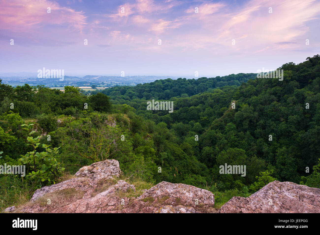 Summer evening view over Ebbor Gorge National Nature Reserve in the ...