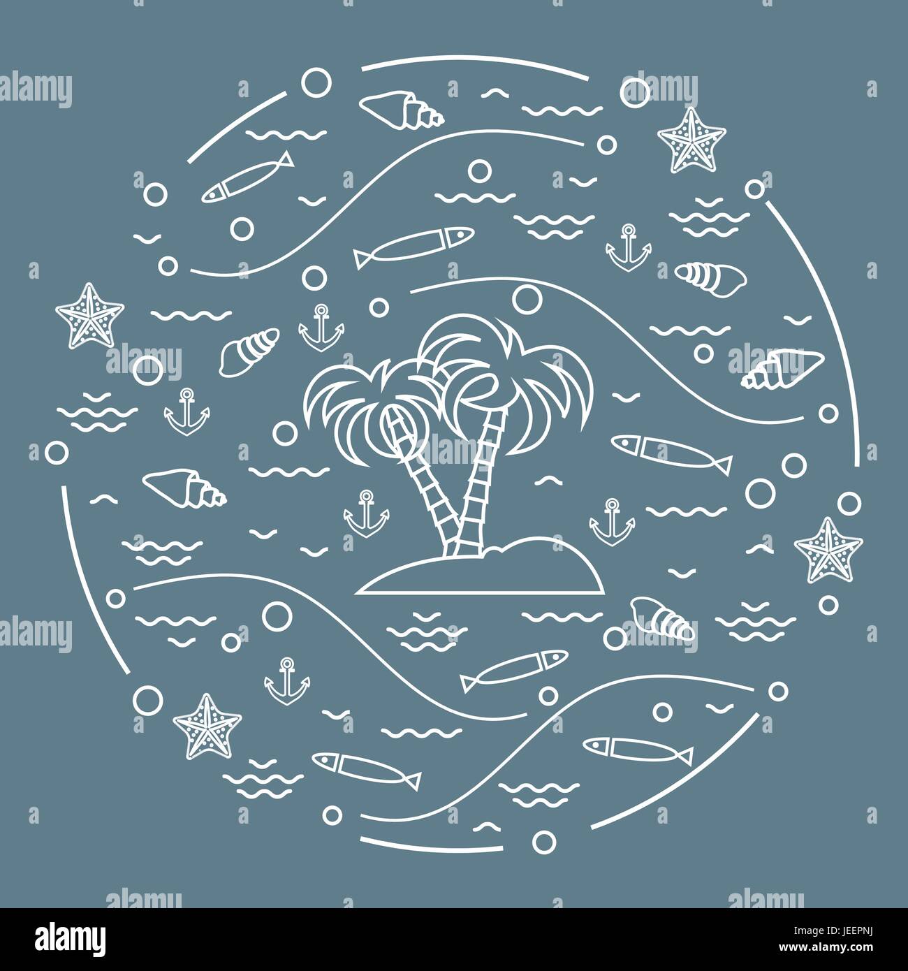 Cute vector illustration with fish, island with palm trees, anchor ...