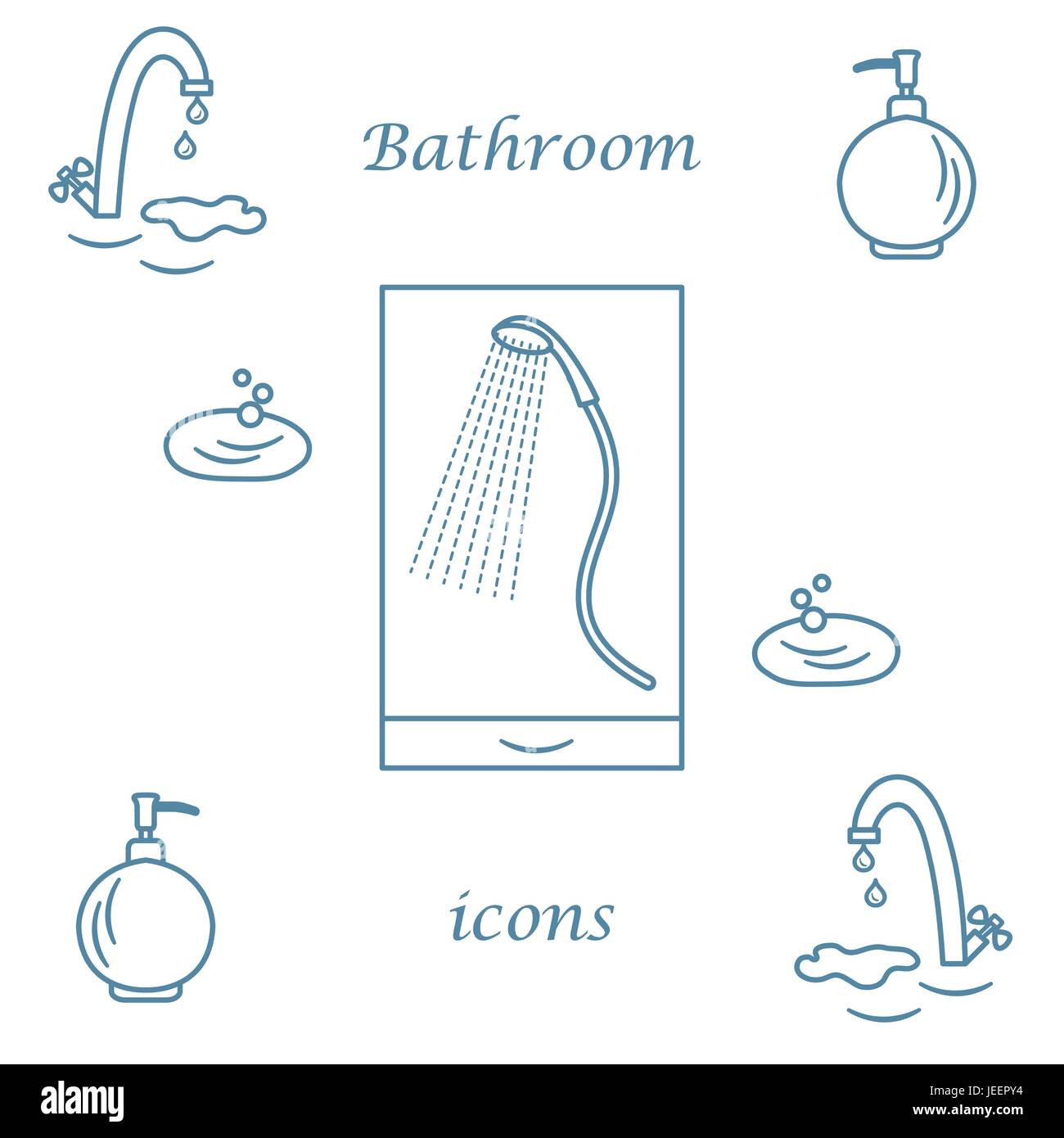 Set of vector illustrations of variety bathroom elements: faucet ...