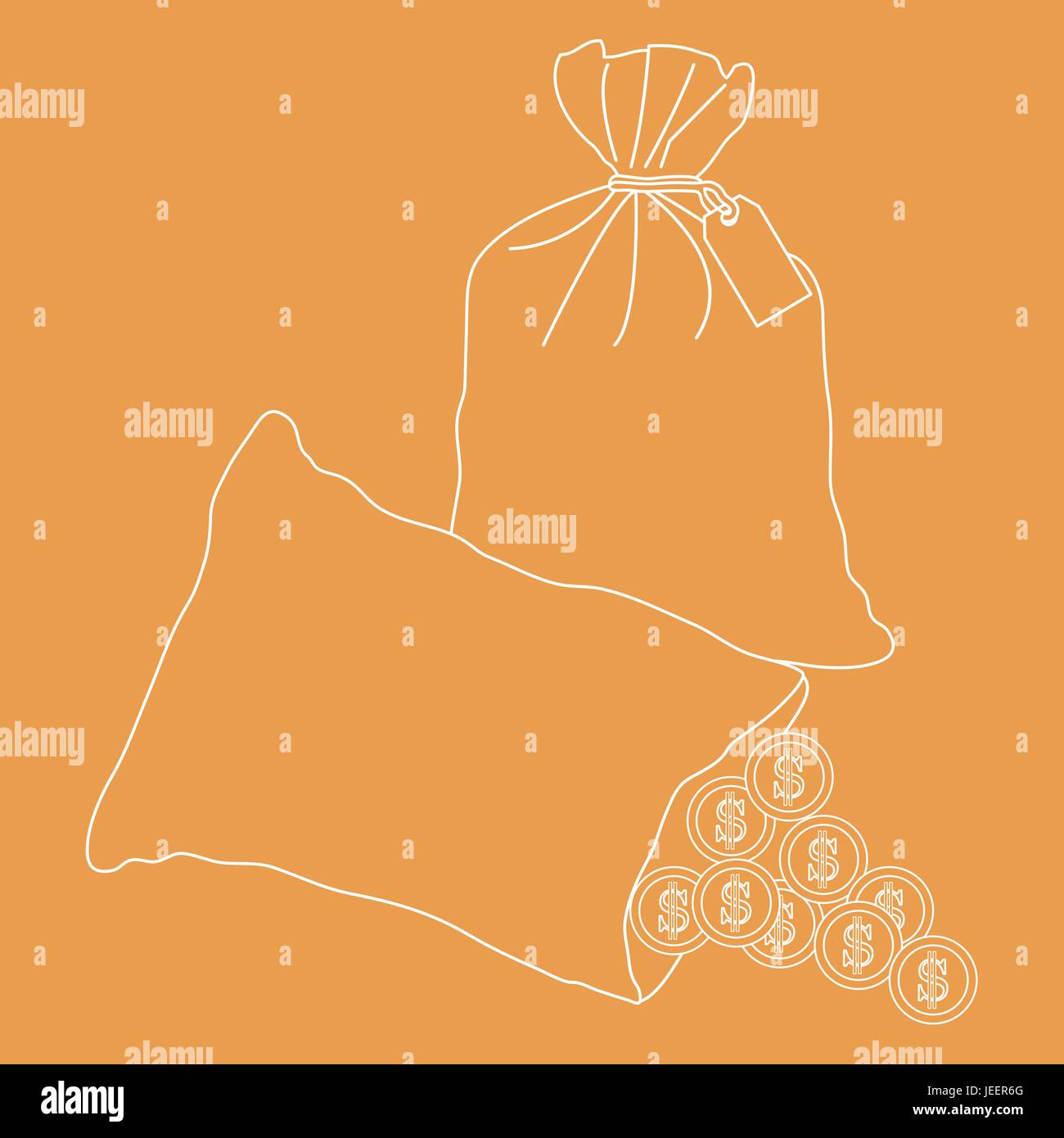 Stylized icon of a knotted bag with money and open bag with pours coins ...