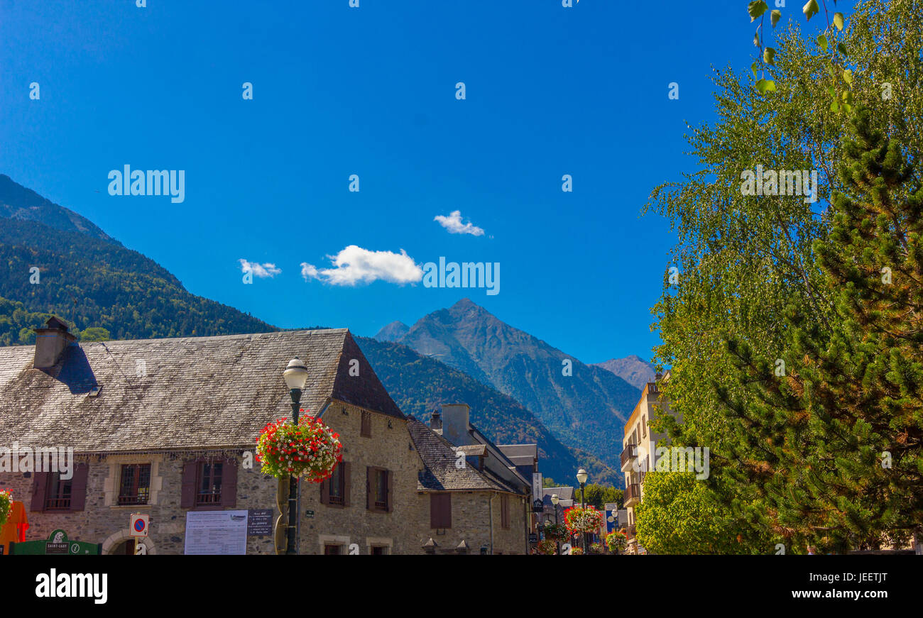 Typical high mountain houses in a village in the French Pyrenees Stock ...