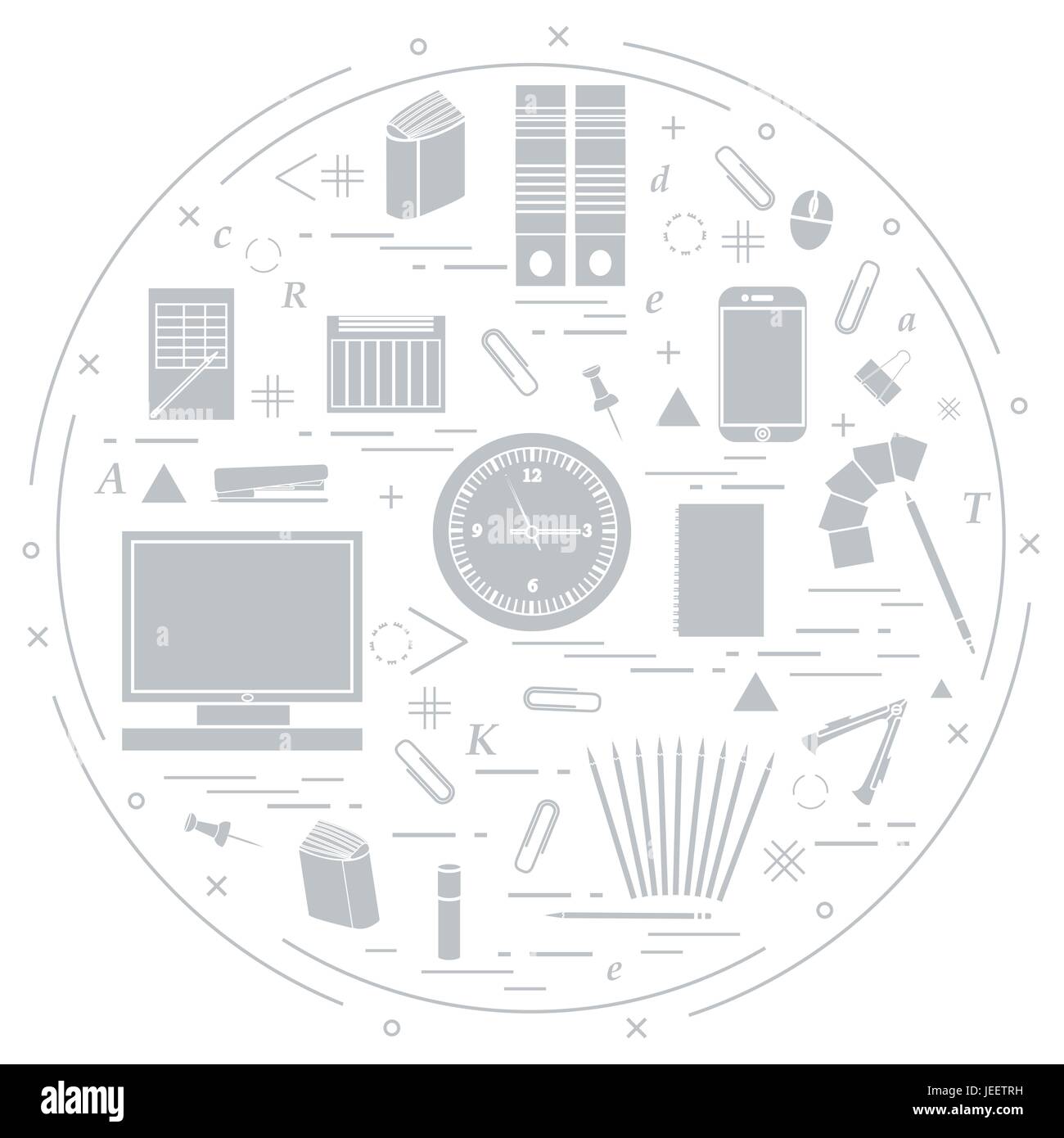 Set of different office objects arranged in a circle. Including icons ...