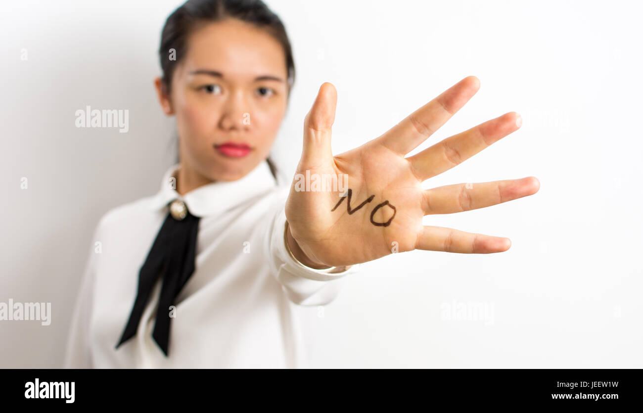 Word No written on unhappy businesswoman hand Stock Photo - Alamy