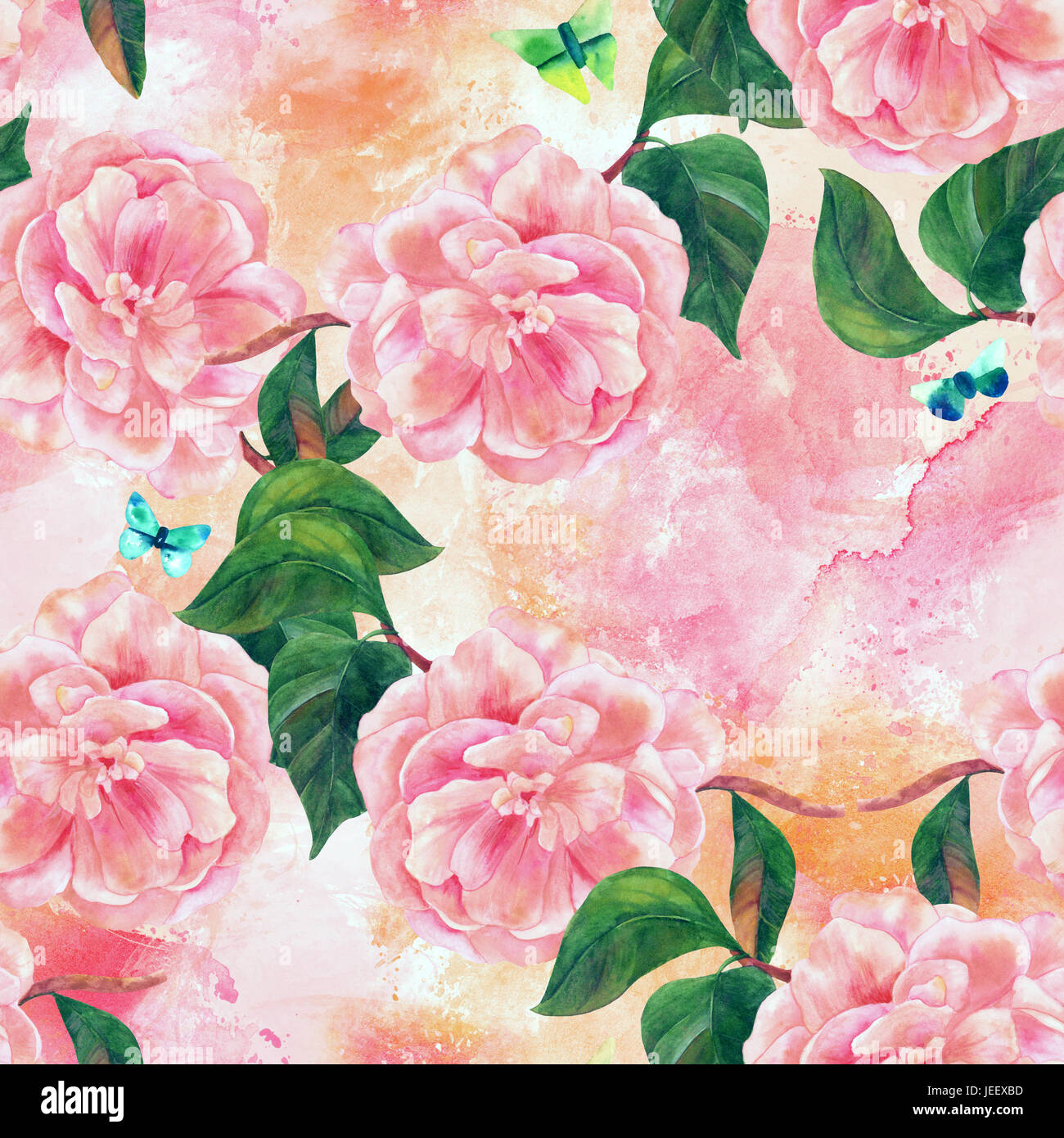 Seamless pattern with pink camellias and butterflies Stock Photo - Alamy