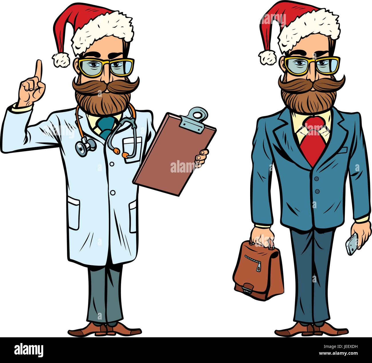 Hipster Christmas doctor and businessman. Comic cartoon style pop art ...
