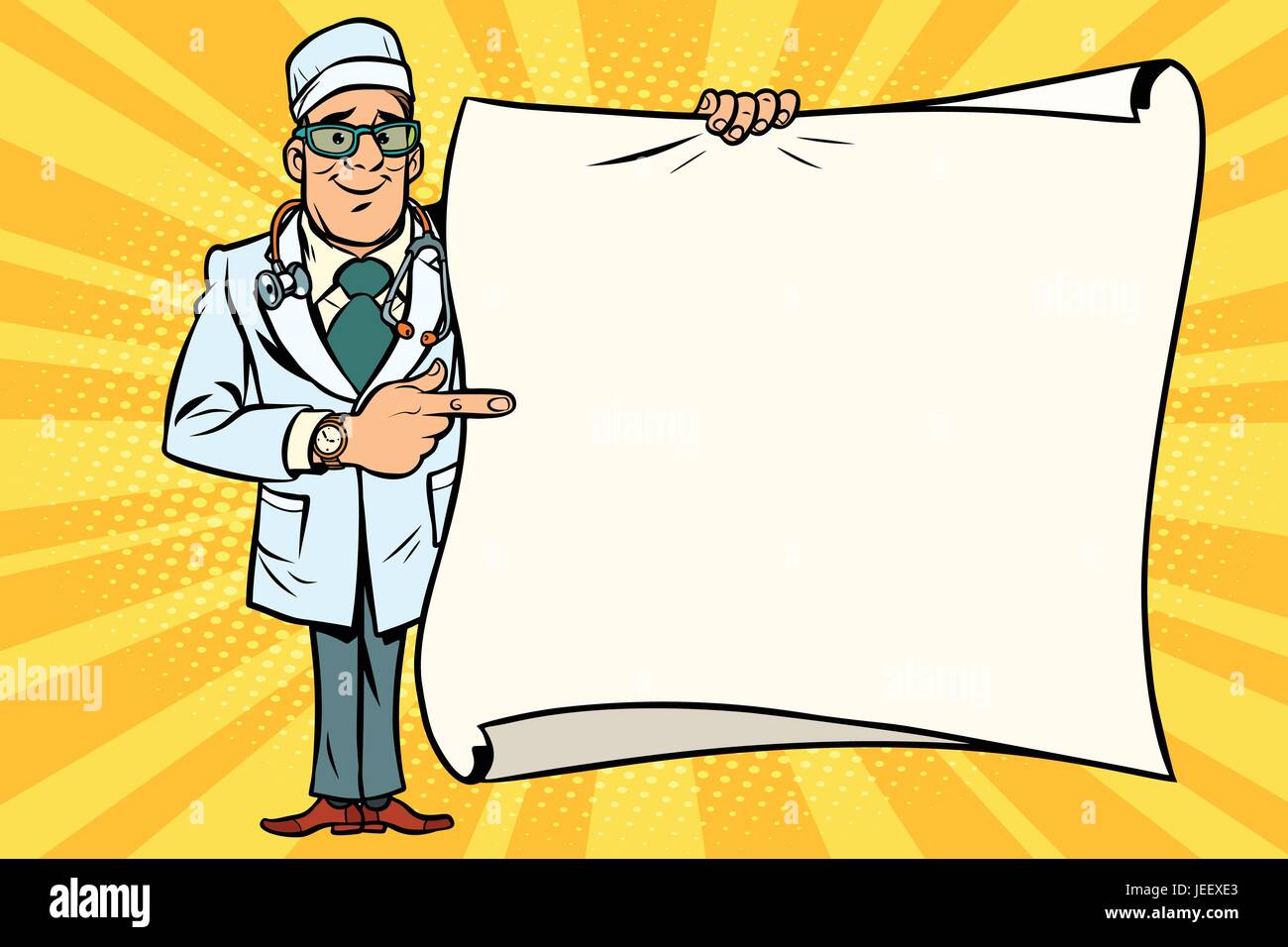 Happy doctor with glasses and copy space background. Comic cartoon ...