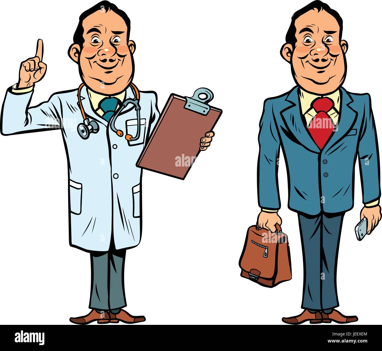 Smiling doctor and businessman. Comic cartoon style pop art retro ...