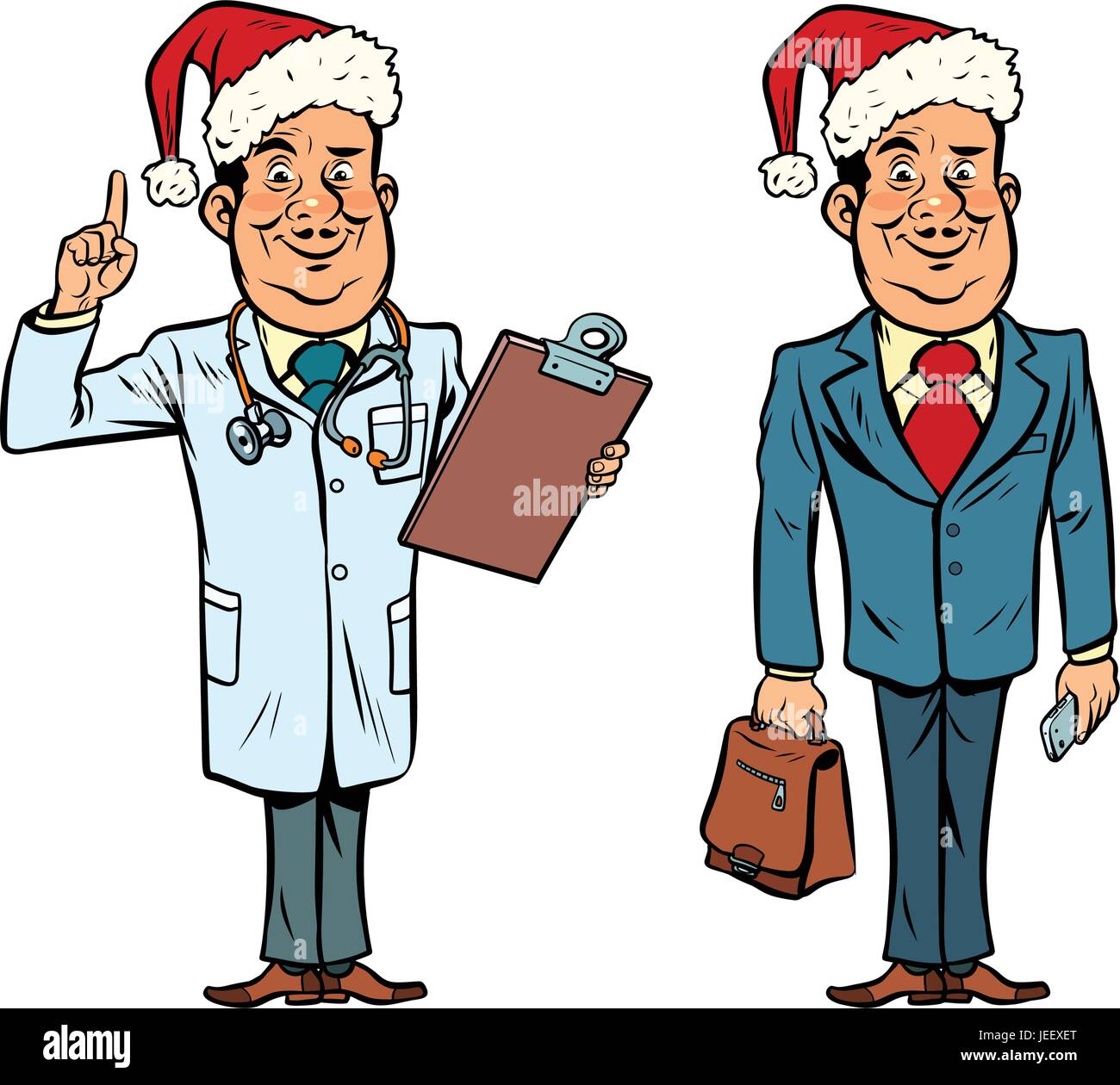 Smiling Christmas doctor and businessman. Comic cartoon style pop art ...
