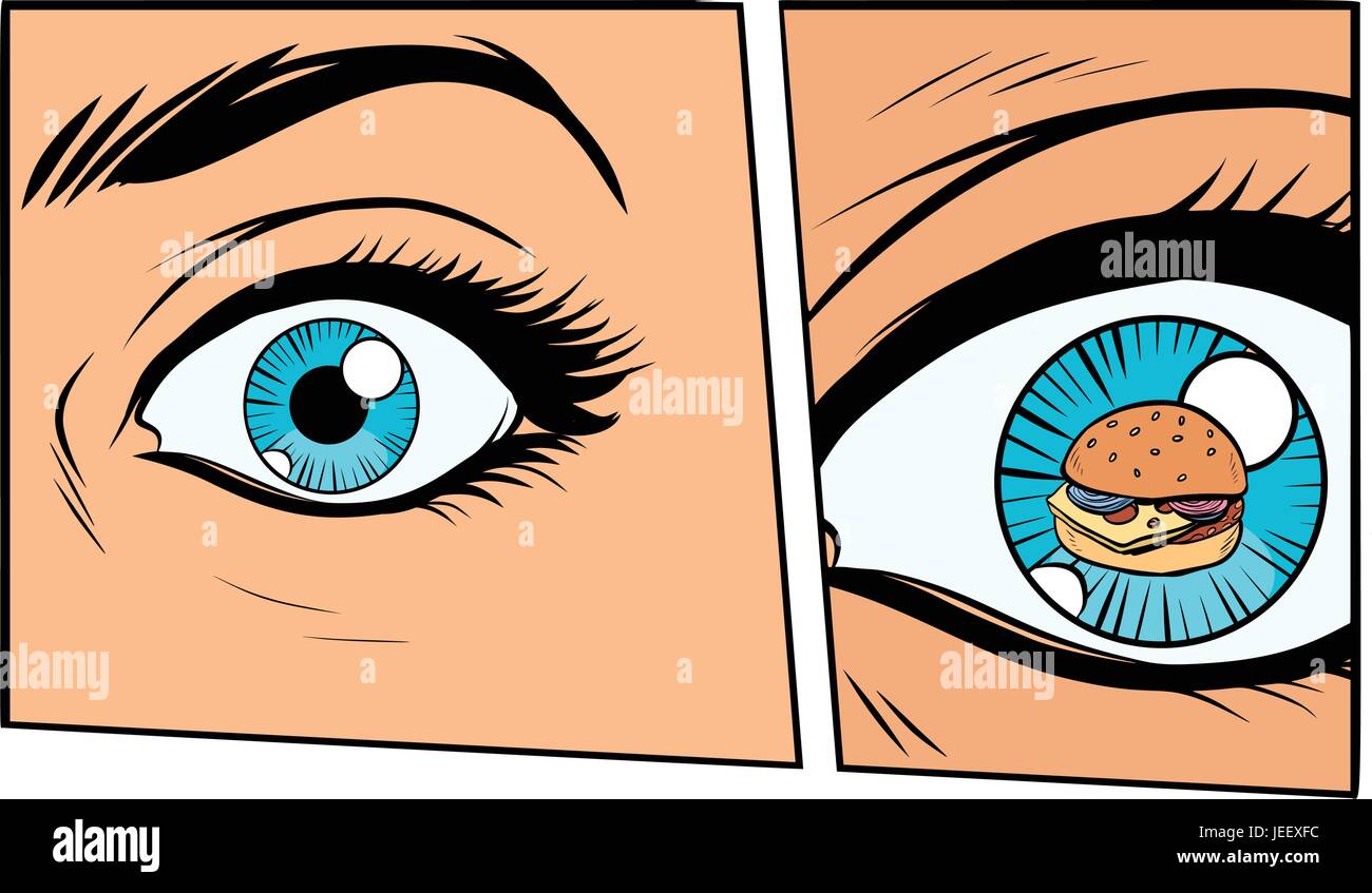 Comic storyboard hungry woman and Burger. cartoon style pop art retro ...