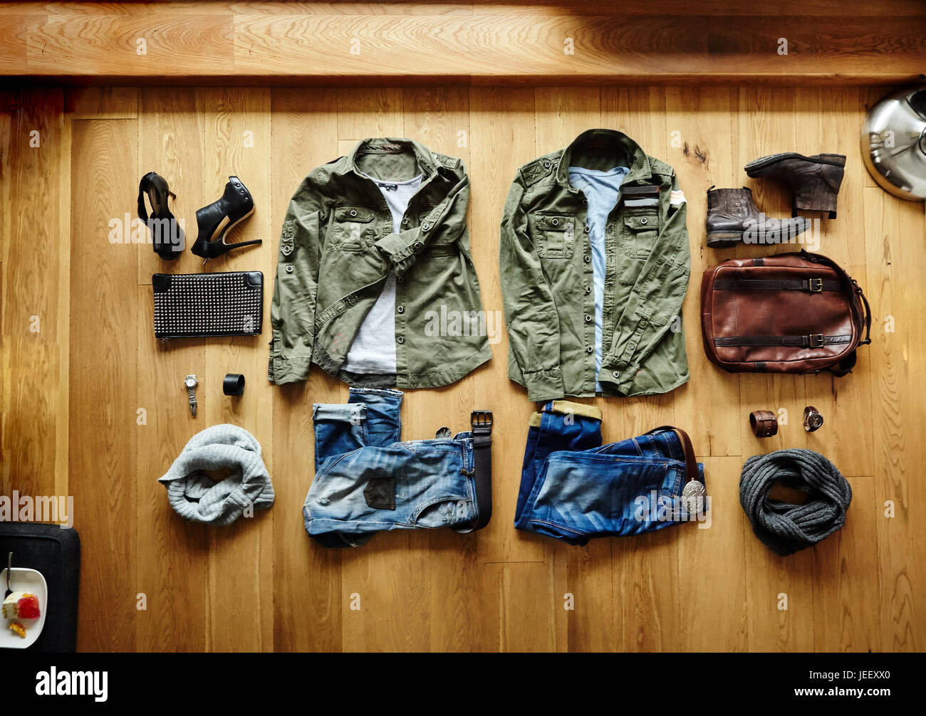 top view. Mens clothes and accessories on wooden background Stock Photo ...