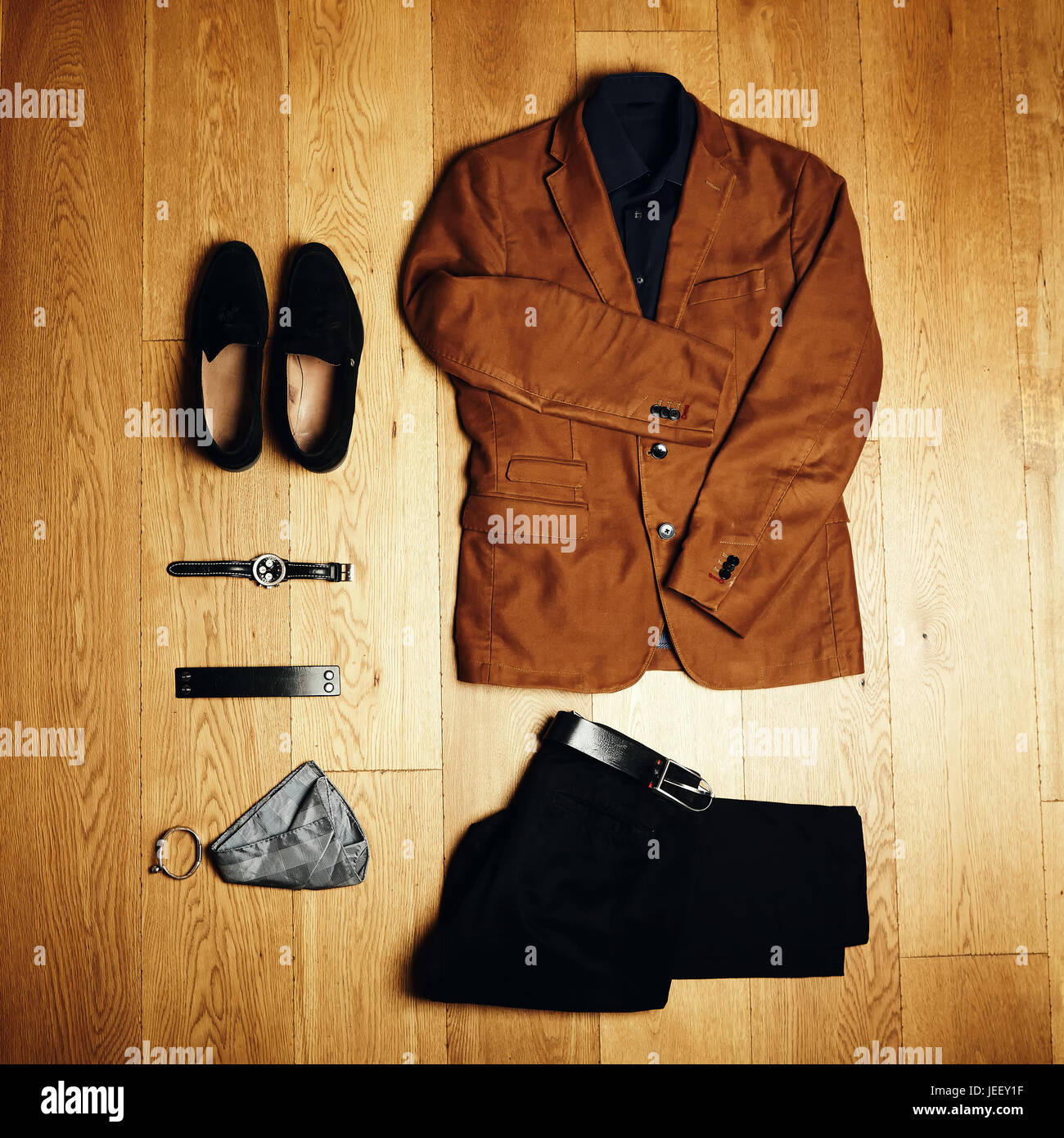 Mens clothes and accessories on wooden background Stock Photo - Alamy
